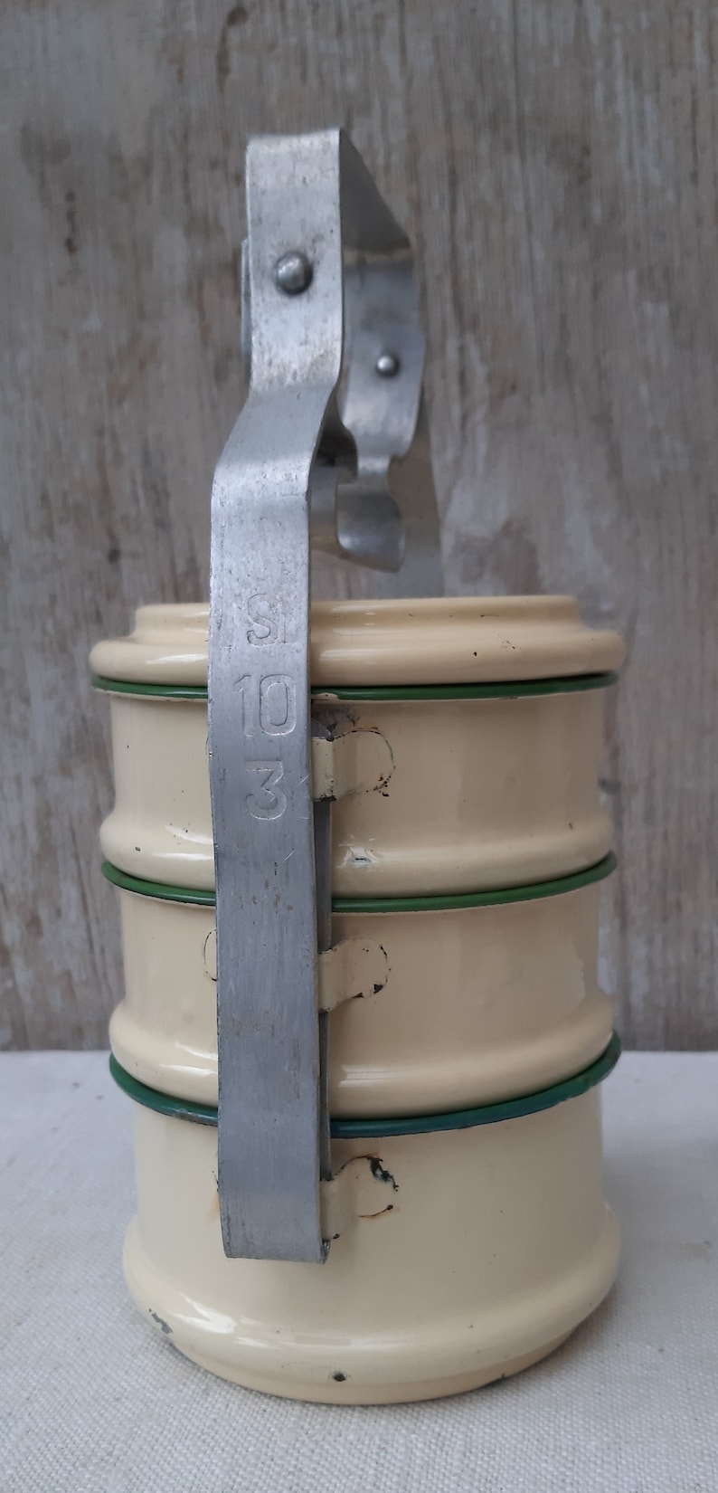 Vintage Enameled Handle Man * Lunch Box * 3 - Tiered * Netherlands 50s ...