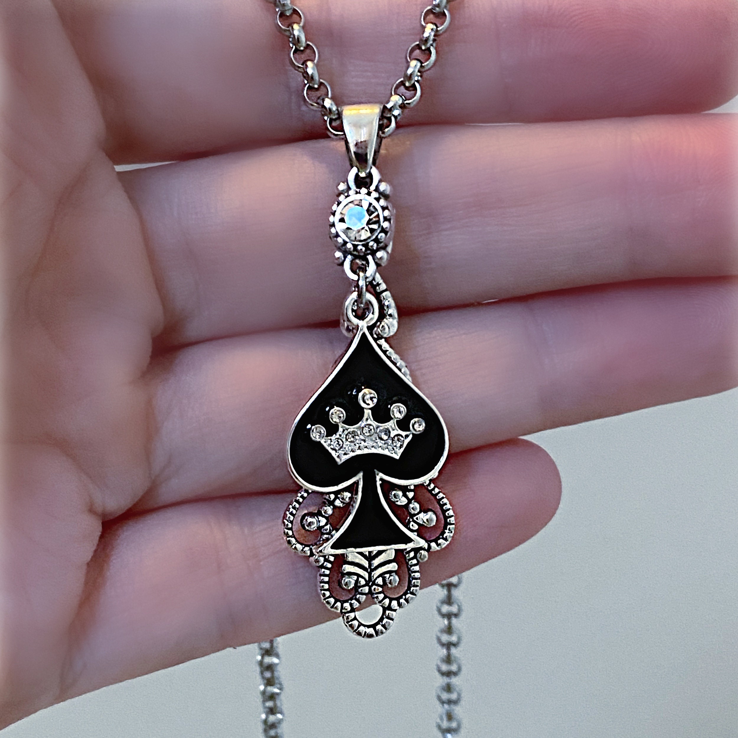 Rhinestone Spade Necklace: Stainless Steel Chain, Queen of Spades ...