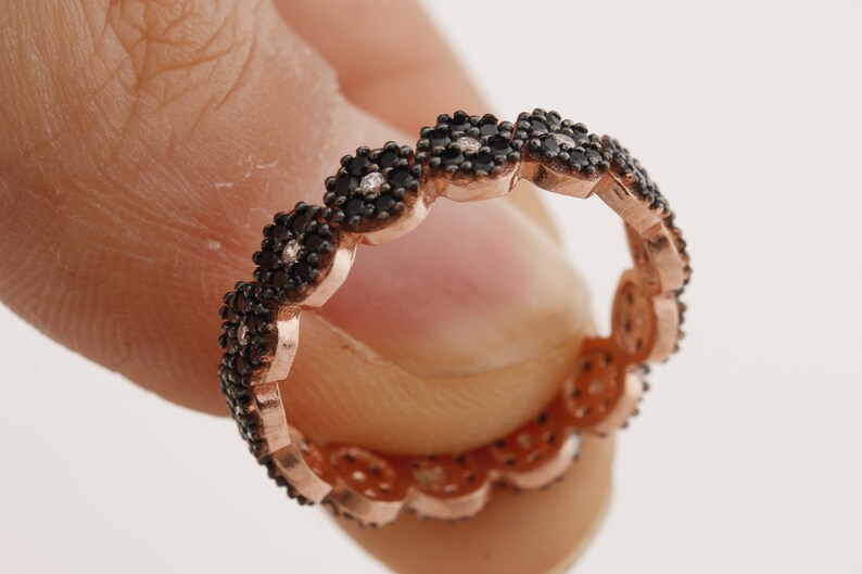 Band Ring Flower Style Turkish Handmade Jewelry Black Zircon | Etsy