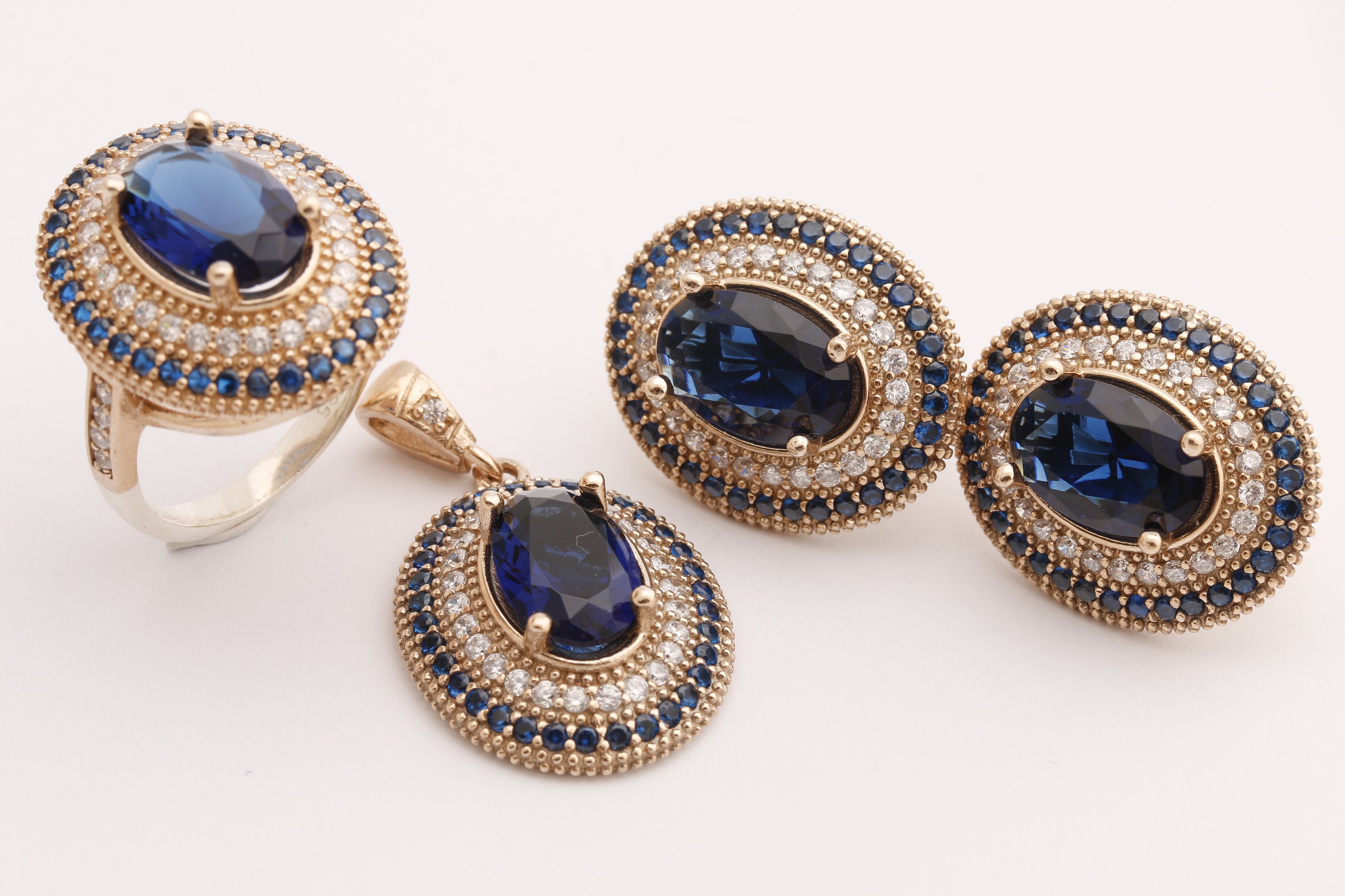 Turkish Handmade Jewelry Small Oval Shape Sapphire and Round | Etsy