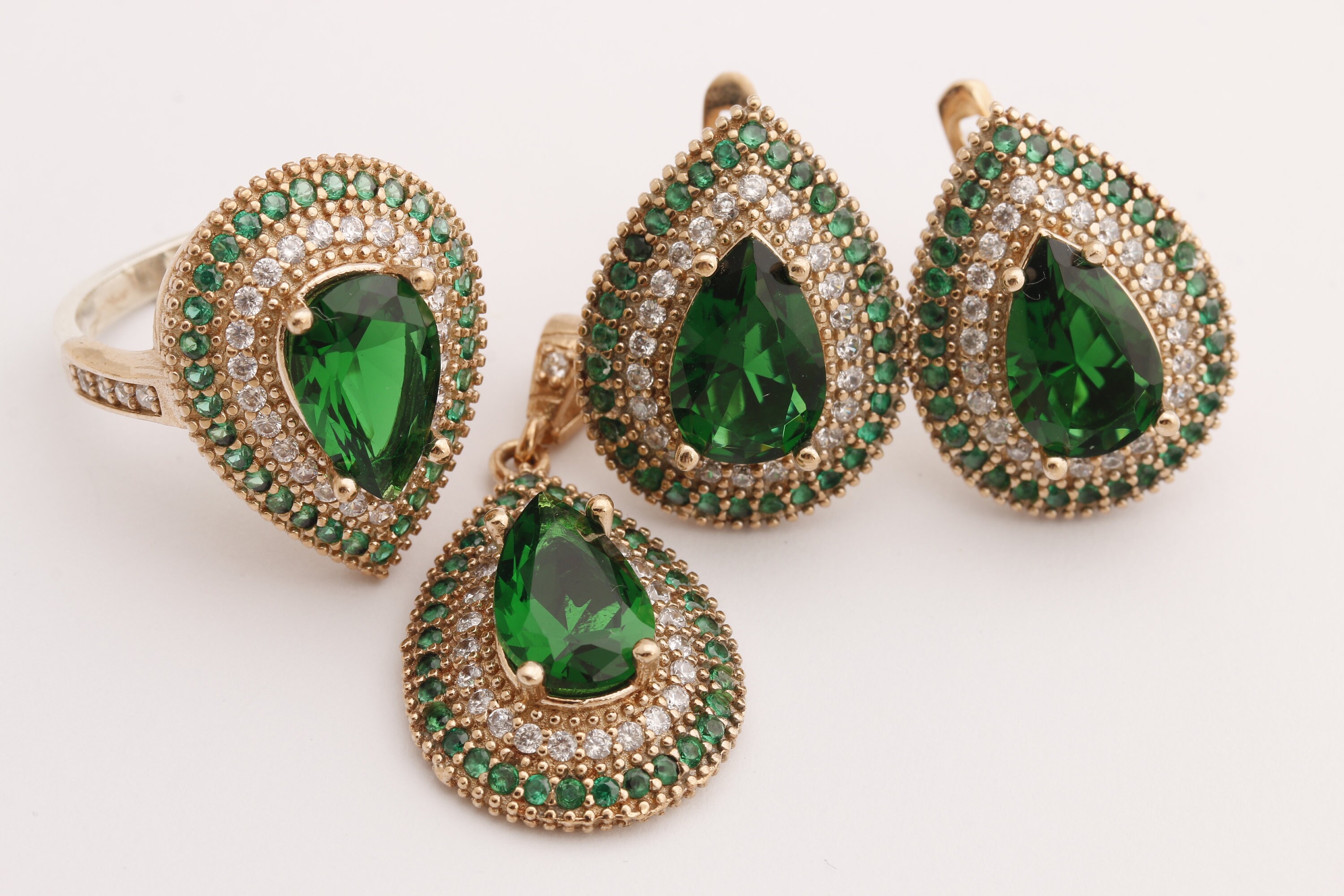 Turkish Handmade Jewelry Small Drop Shape Emerald and Round | Etsy