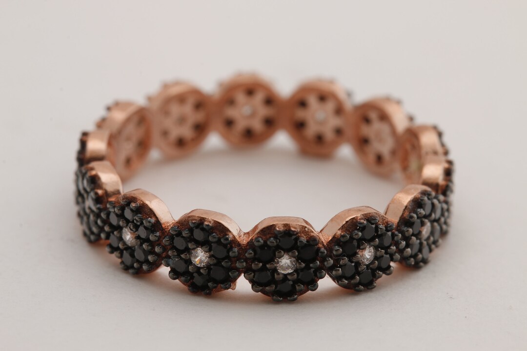 Band Ring Flower Style Turkish Handmade Jewelry Black Zircon - Etsy