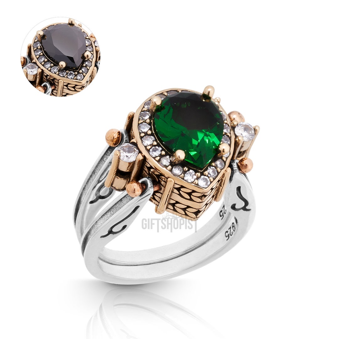 Reversible Ring Turkish Desing Pear Cut Green Emerald and - Etsy