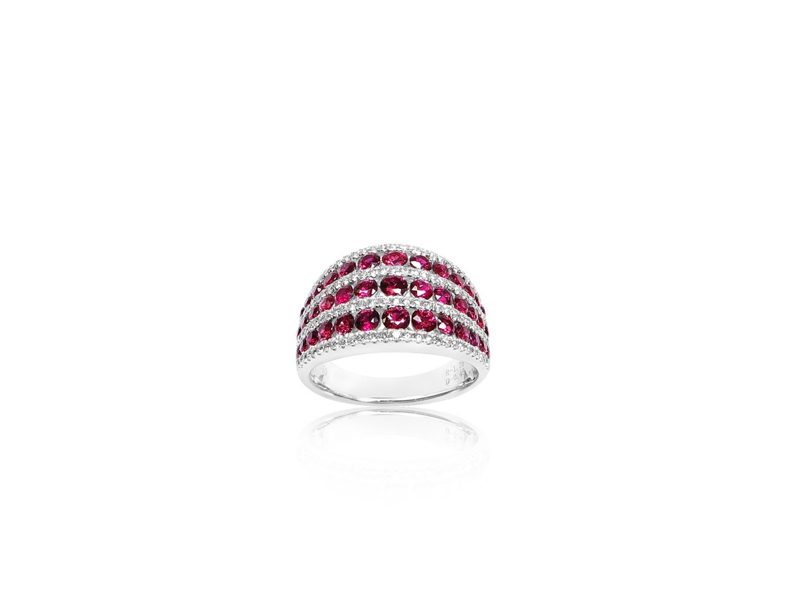 18K White Gold Three Row Ruby and White Diamond Ring - Etsy