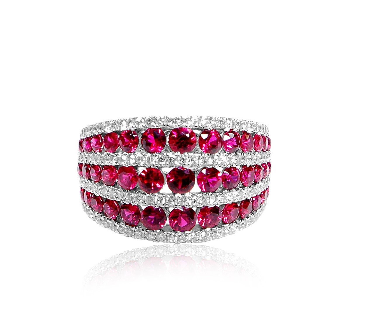 18K White Gold Three Row Ruby and White Diamond Ring - Etsy