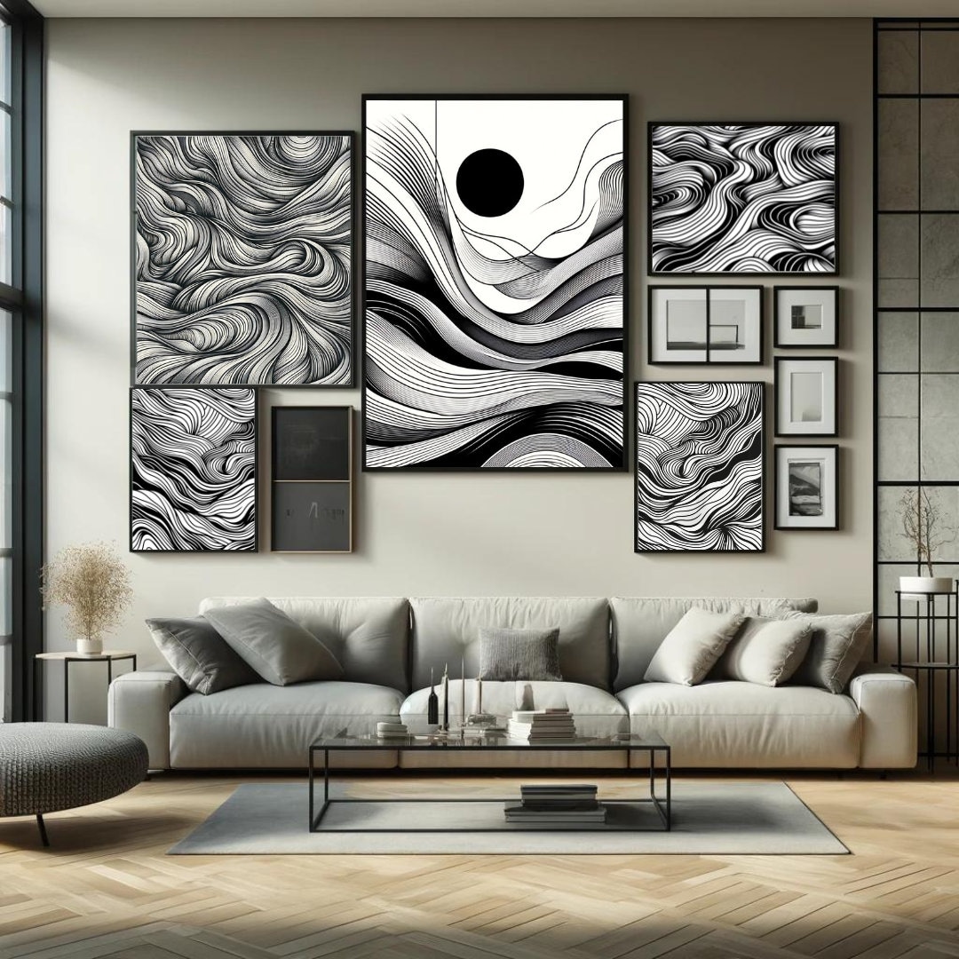 Black and White Modern Wave Prints - Digital Prints - 5 Unique Designs ...