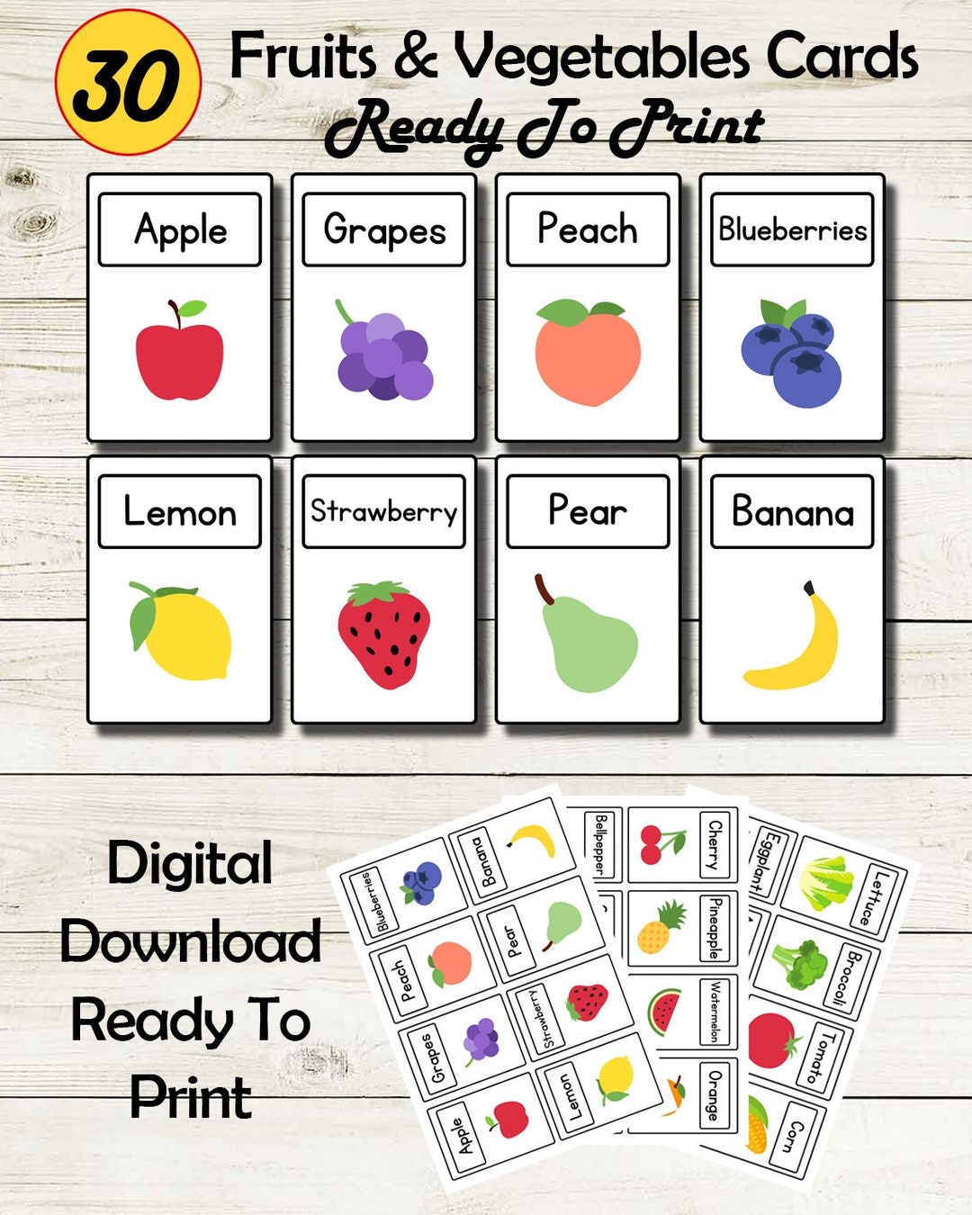 30 Printable Flashcards for Kids Fruits and Vegetables Cards - Etsy