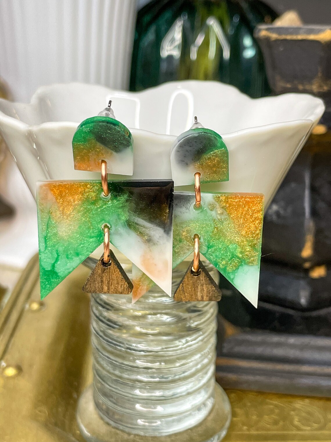 Mixed Shape Resin & Wood Dangle Stud Earrings - Etsy