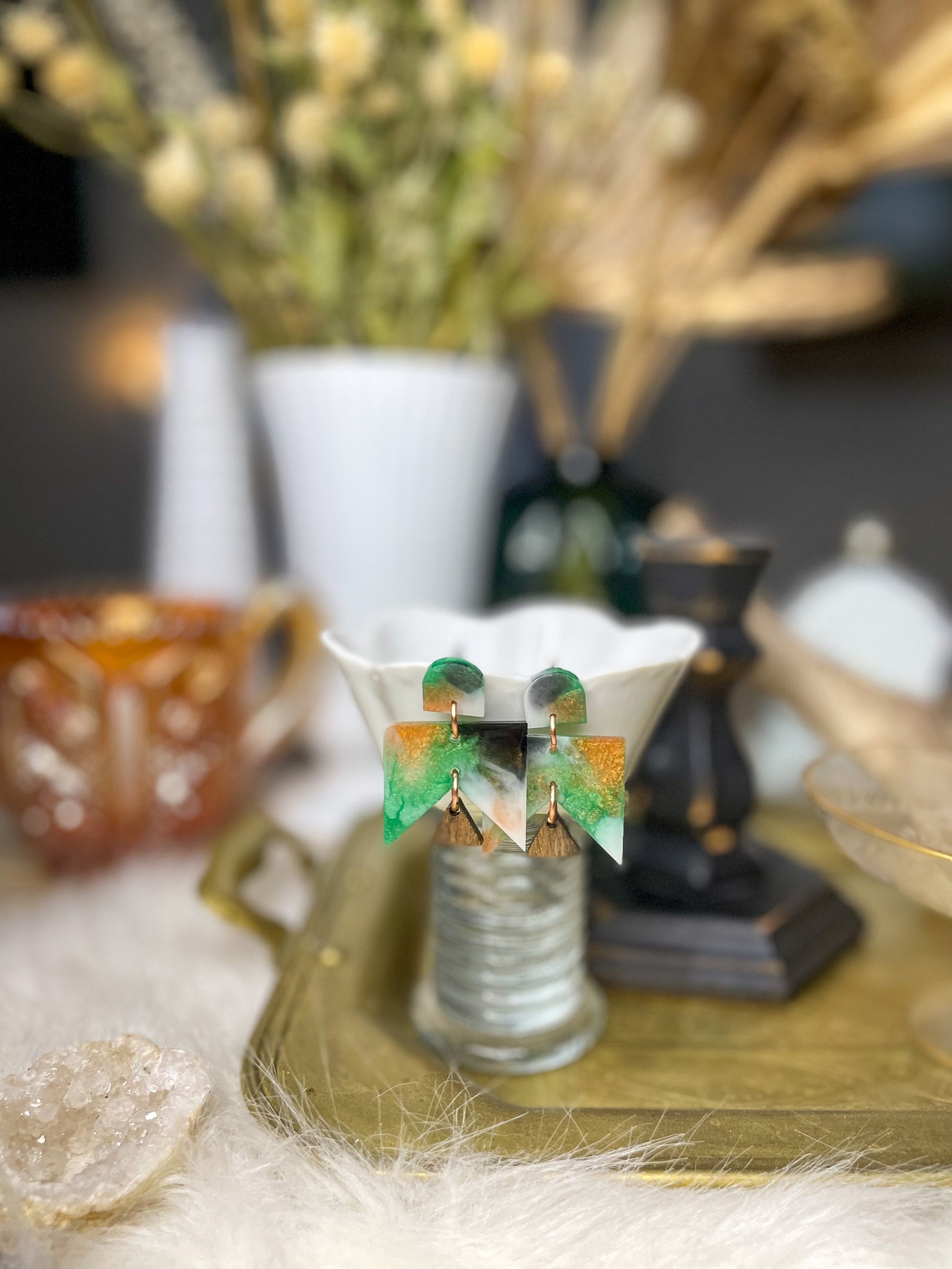 Mixed Shape Resin & Wood Dangle Stud Earrings - Etsy