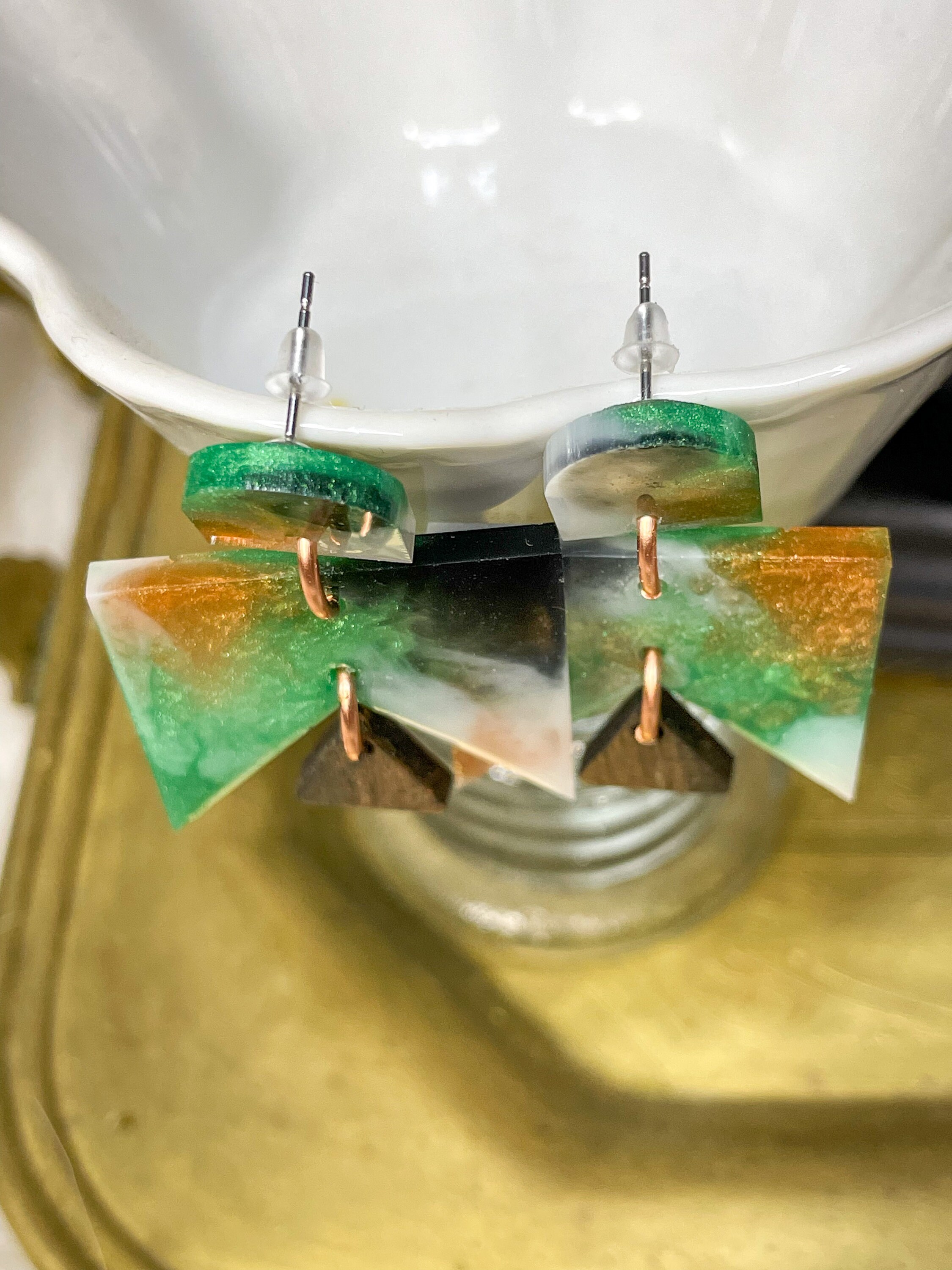 Mixed Shape Resin & Wood Dangle Stud Earrings - Etsy