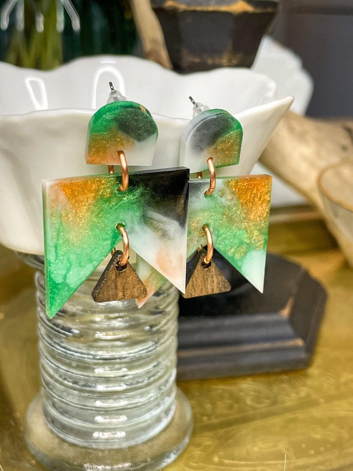 Mixed Shape Resin & Wood Dangle Stud Earrings - Etsy