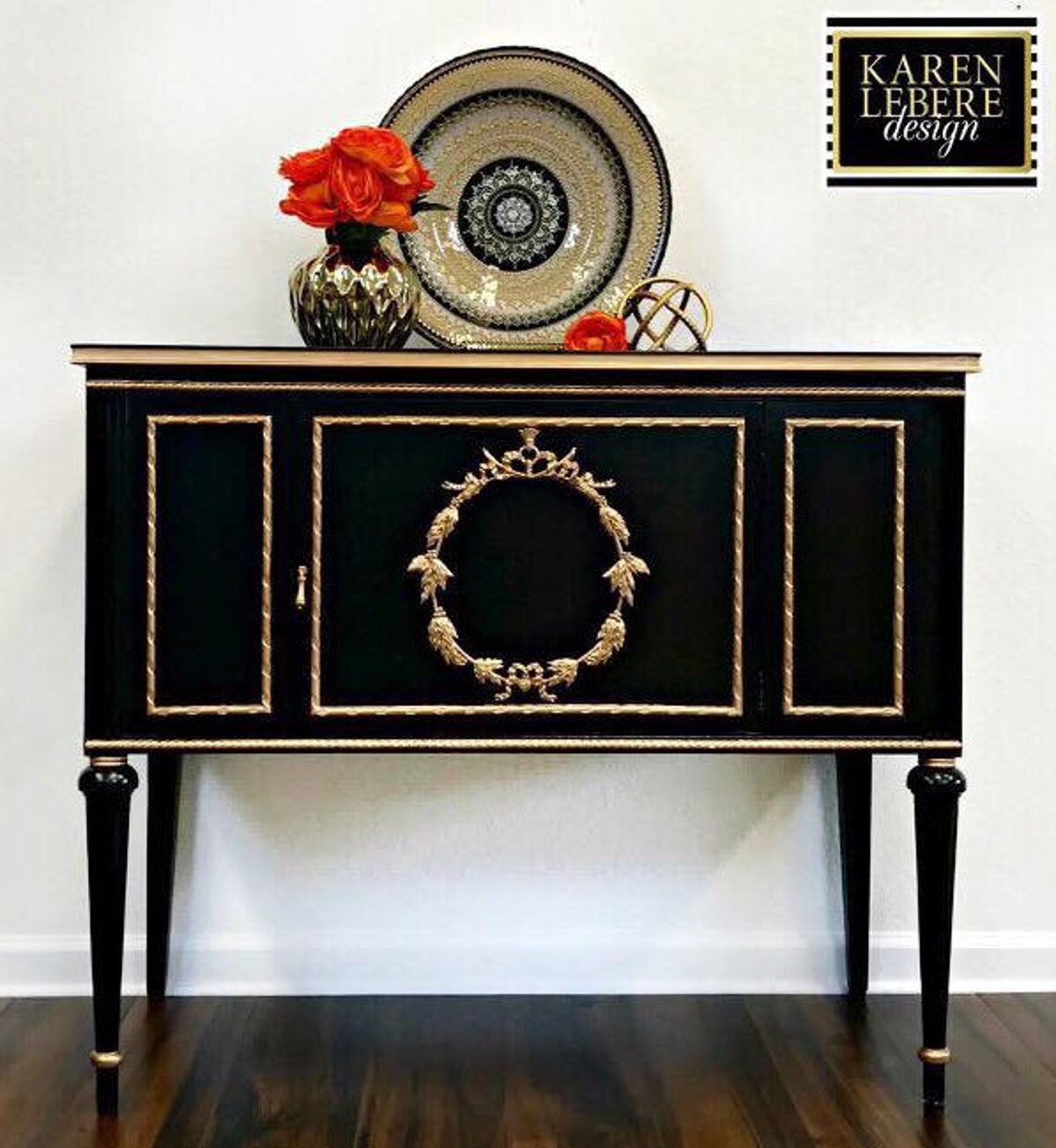 SOLD** Stunning Hand Painted Black and Gold Dresser / Sideboard ...
