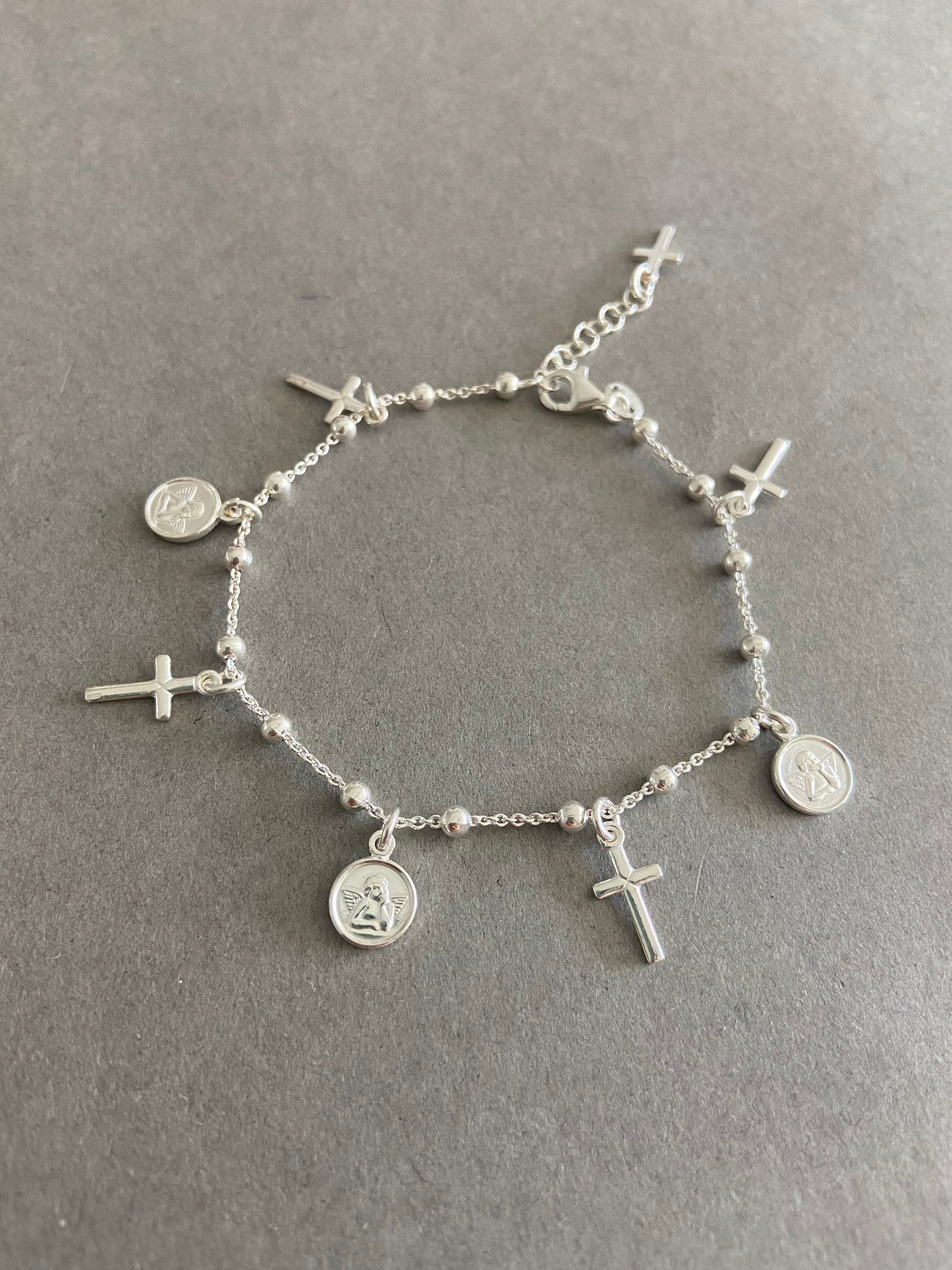 Sterling Silver Cross and Angel Chain Bracelet Sterling - Etsy