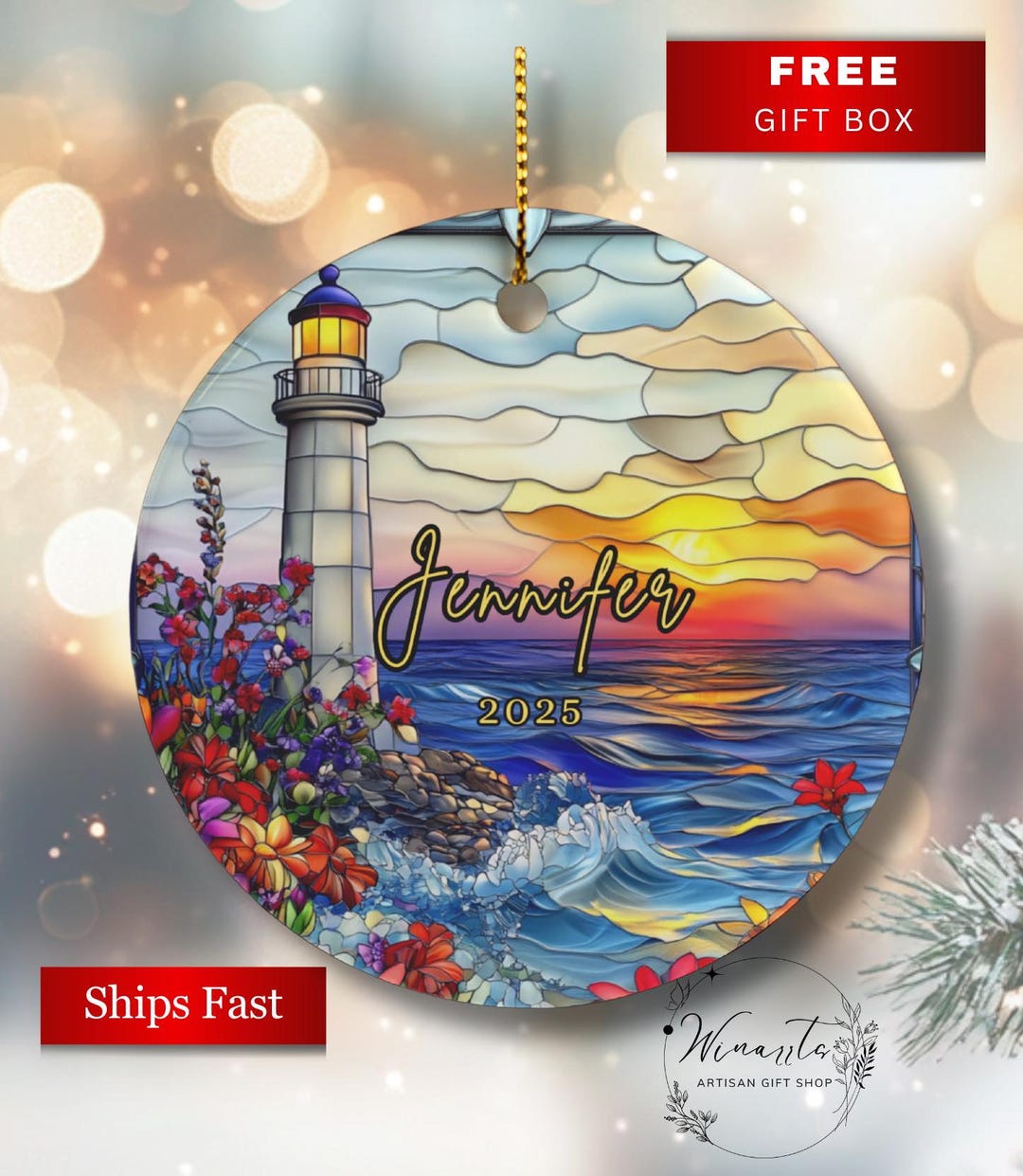 Personalized Colorful Lighthouse Ornament Faux Stained Glass Ornament ...