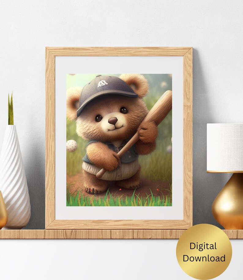 Bear Wall Art Cute Whimsical Little Bear Playing Baseball Printable ...