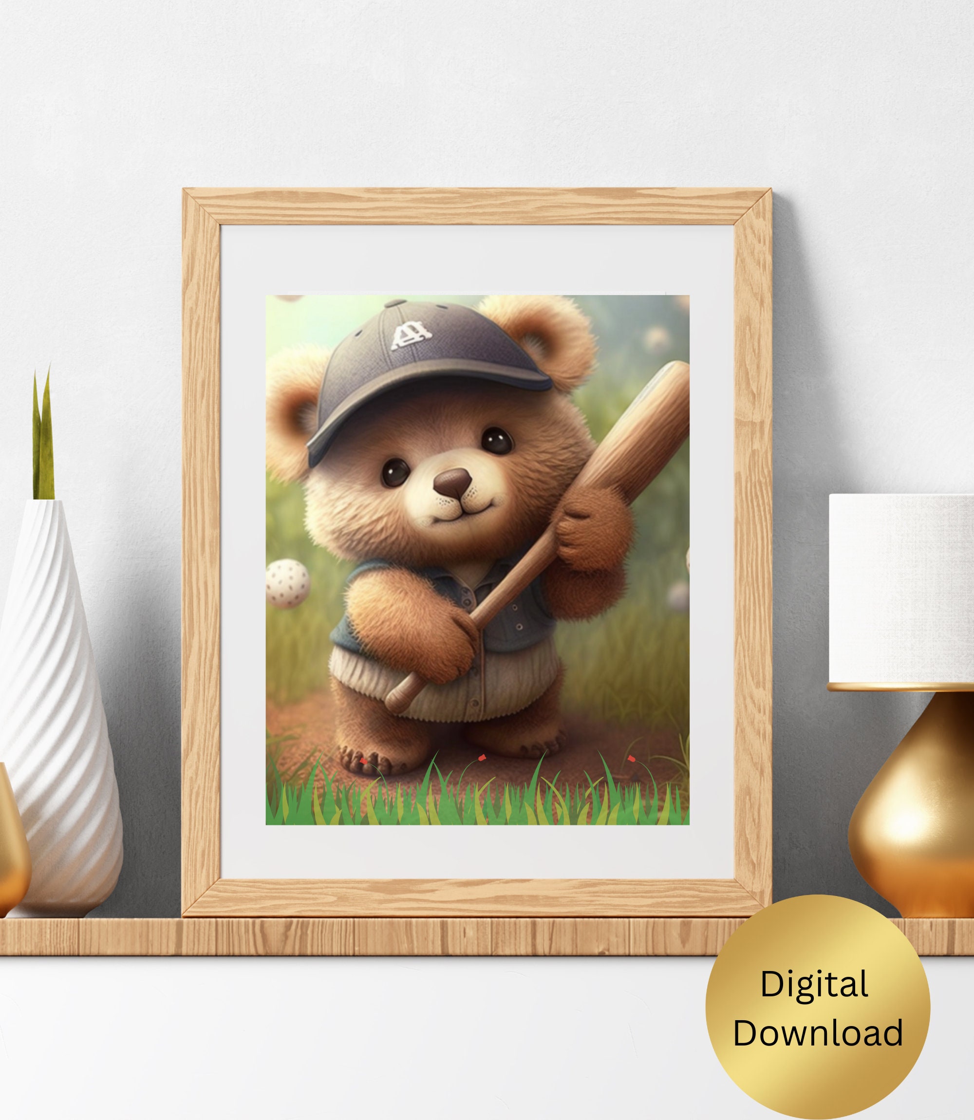 Bear Wall Art Cute Whimsical Little Bear Playing Baseball Printable ...