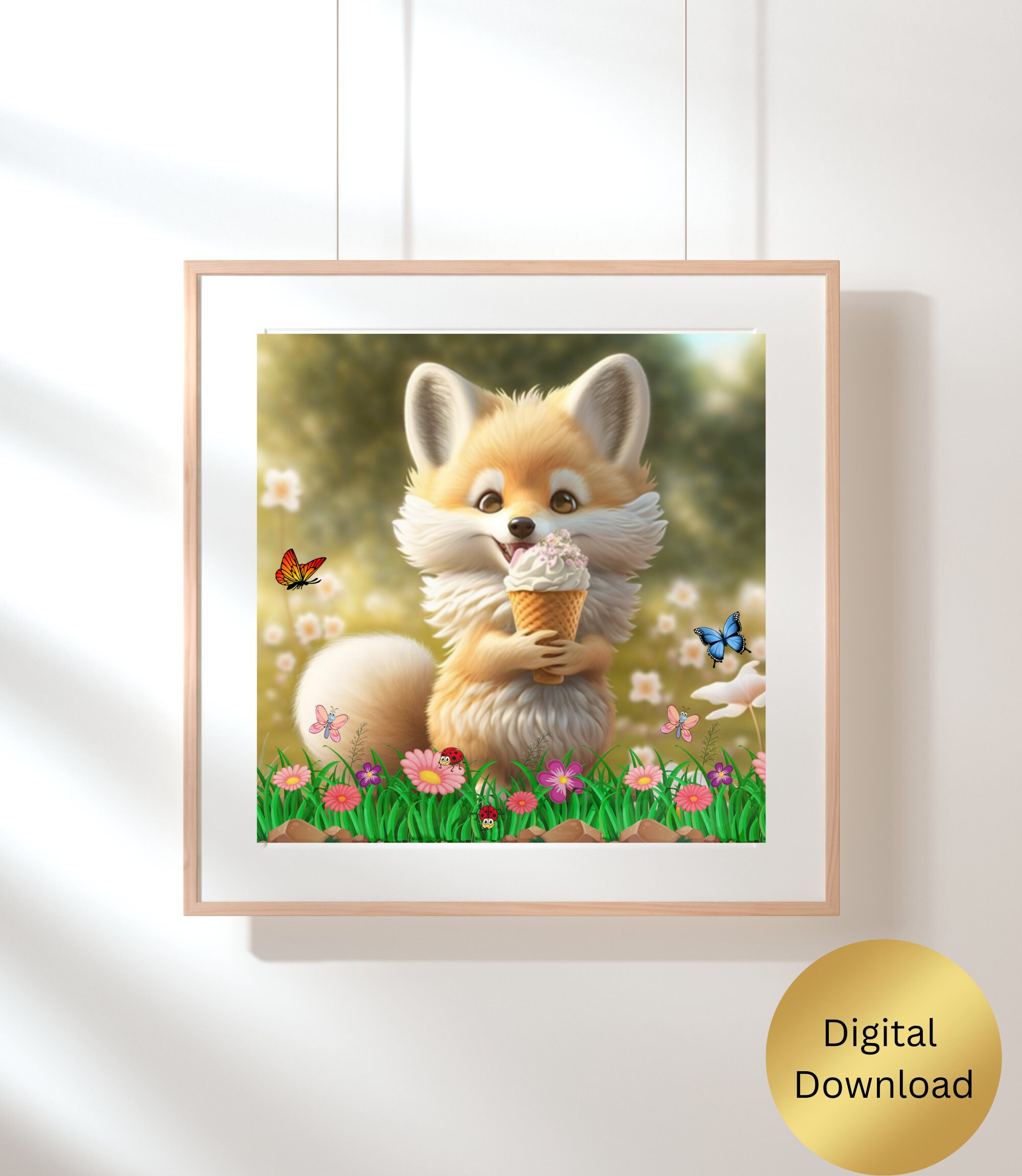 Cute Fox Eating Ice-cream in Garden of Flowers Art Printable - Etsy