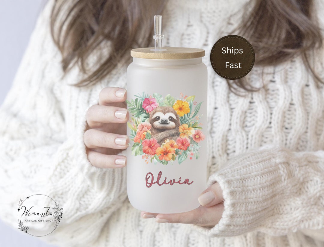 Personalized Sloth Mug Custom Iced Coffee Frosted Tumbler Sloth Coffee ...