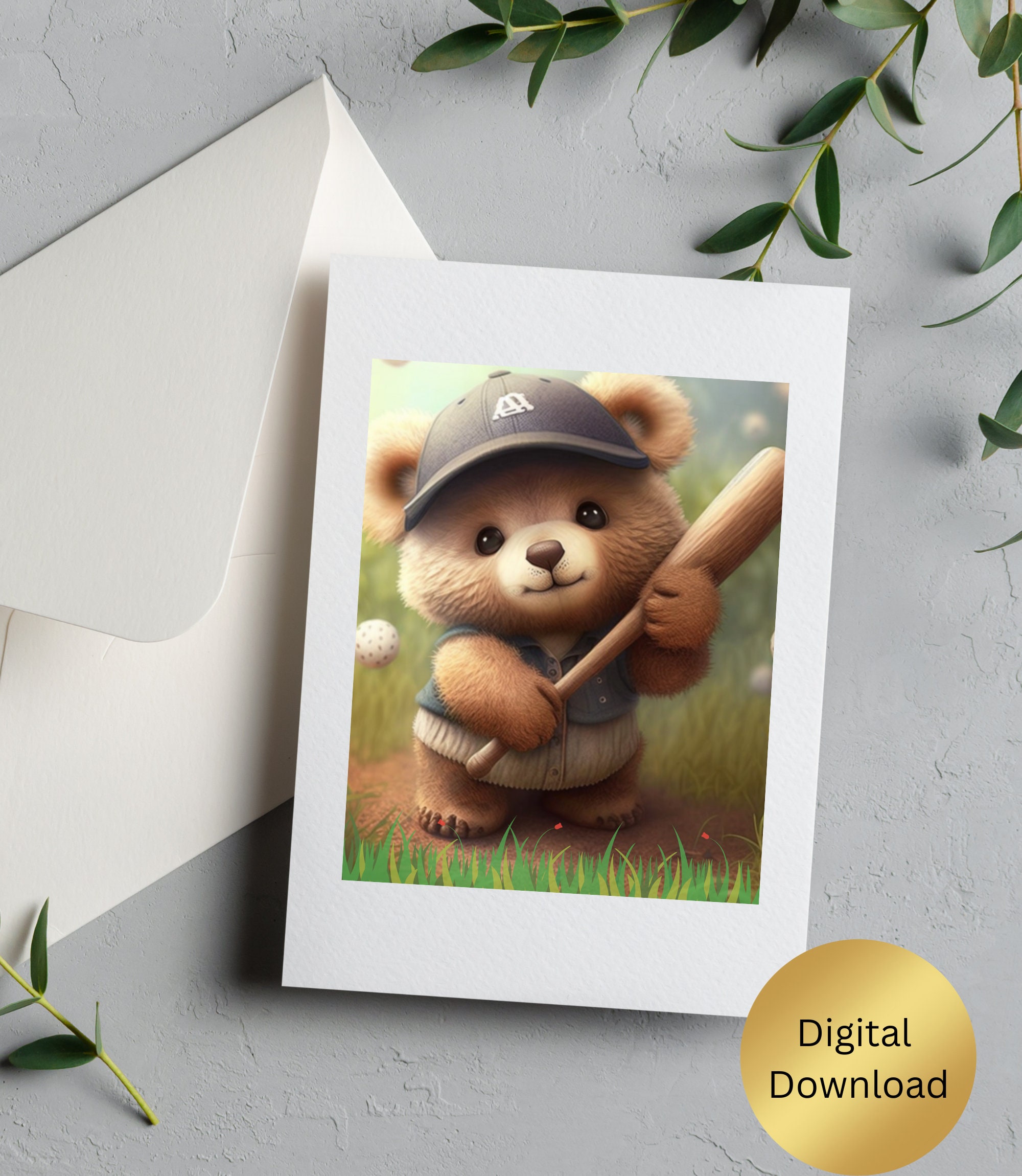 Bear Wall Art Cute Whimsical Little Bear Playing Baseball Printable ...