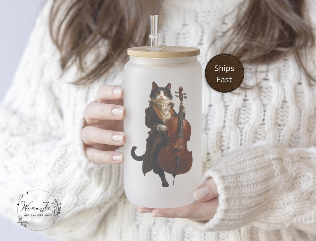 Personalized Cello Player Mug Vintage Cat Iced Coffee Frosted Tumbler ...