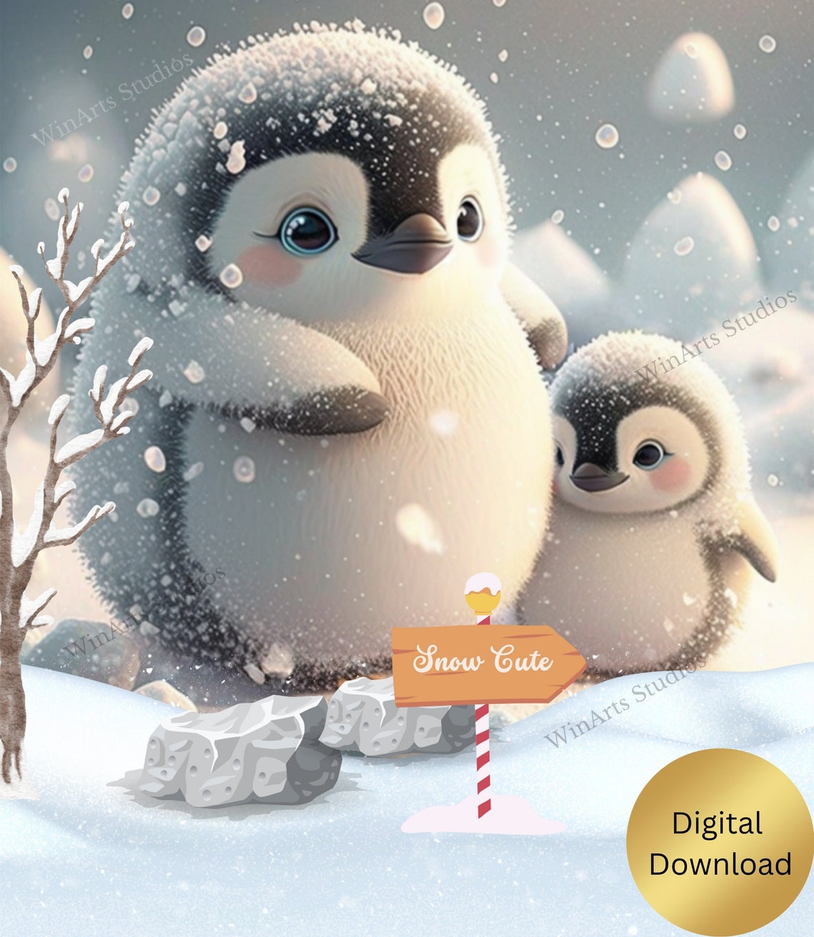 Penguin Wall Art Cute Mom & Baby Penguin in Snow Mother's Day ...