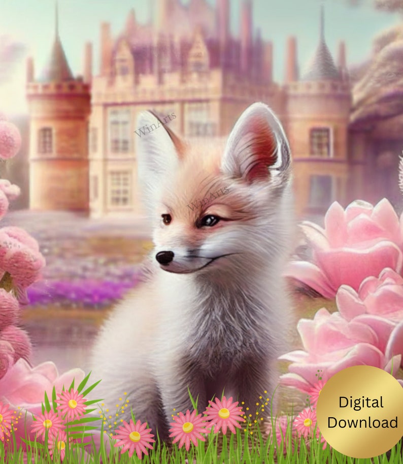 Fox Art Cute Fox in Garden of Pink Flowers Fairytale Castle - Etsy
