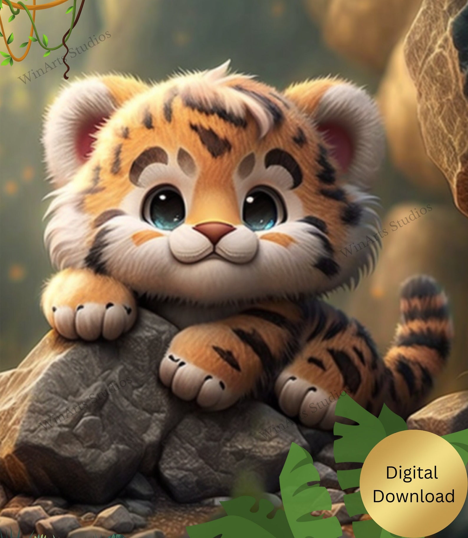 Cute Baby Tiger Climbing on Rocks in Jungle Art Printable - Etsy