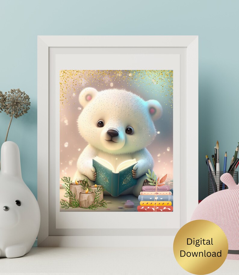 Cute Polar Bear Reading a Book Nursery Art Printable Digital - Etsy