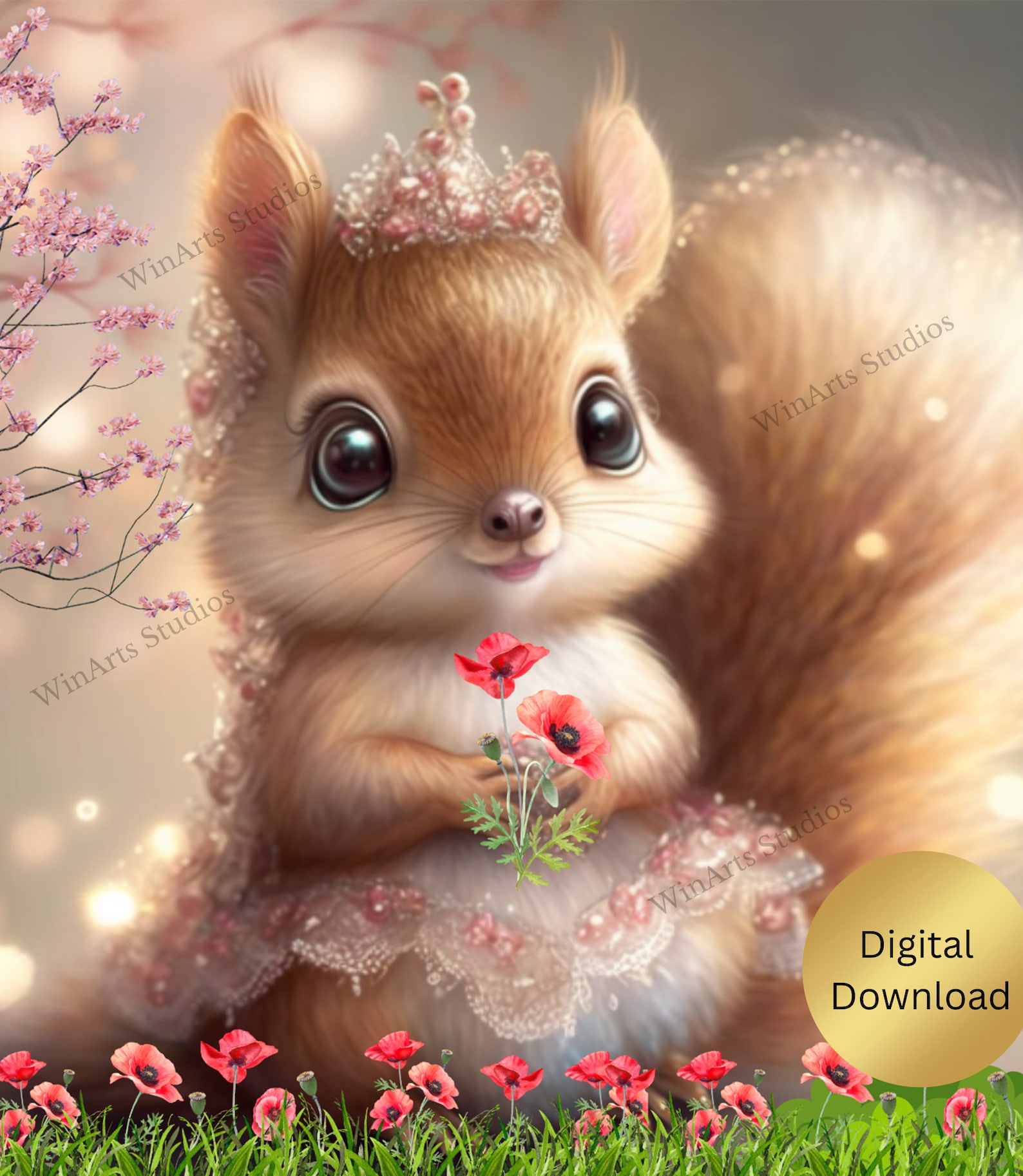 Cute Whimsical Squirrel in Pink and White Dress Art Printable, Digital ...