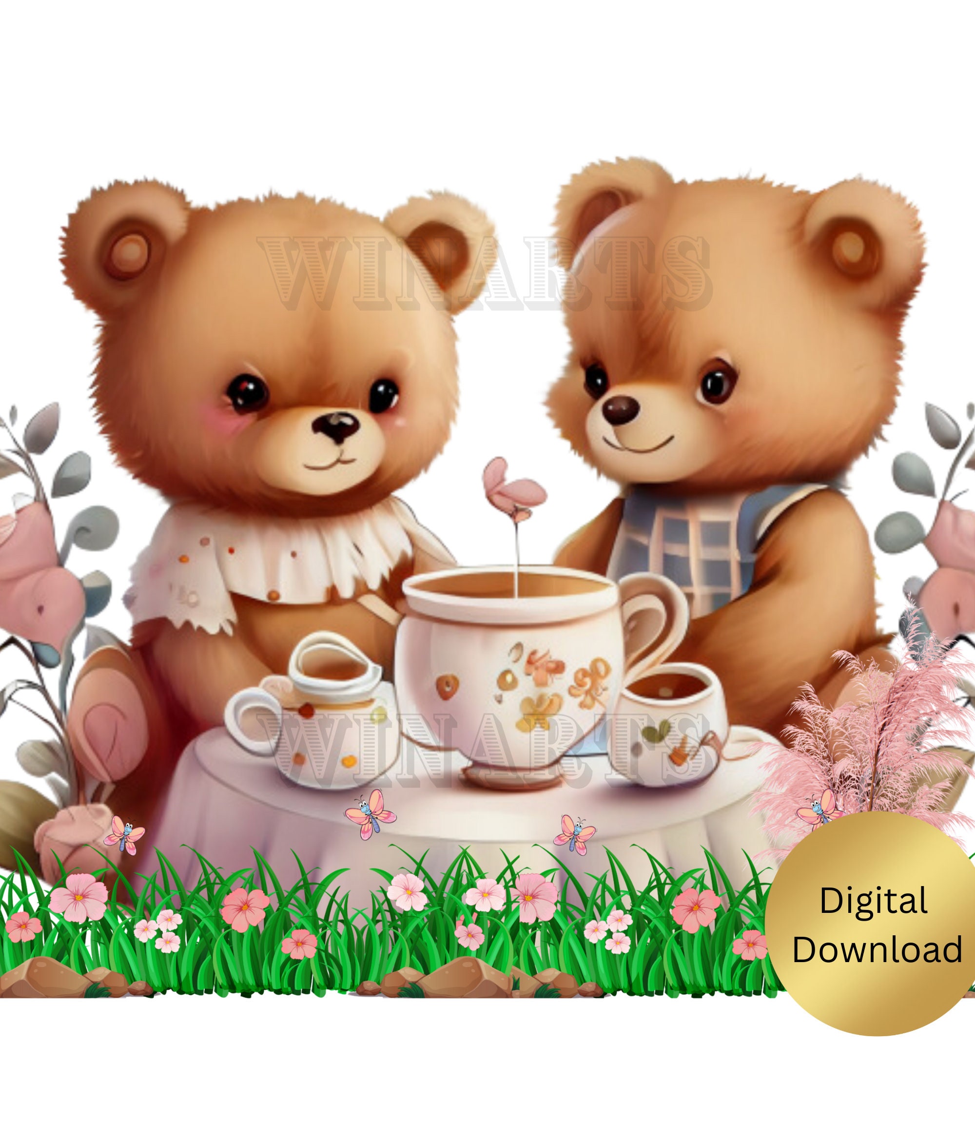 Set of 5 Bear Tea Party Floral Teapot Transparent Background PNG ...