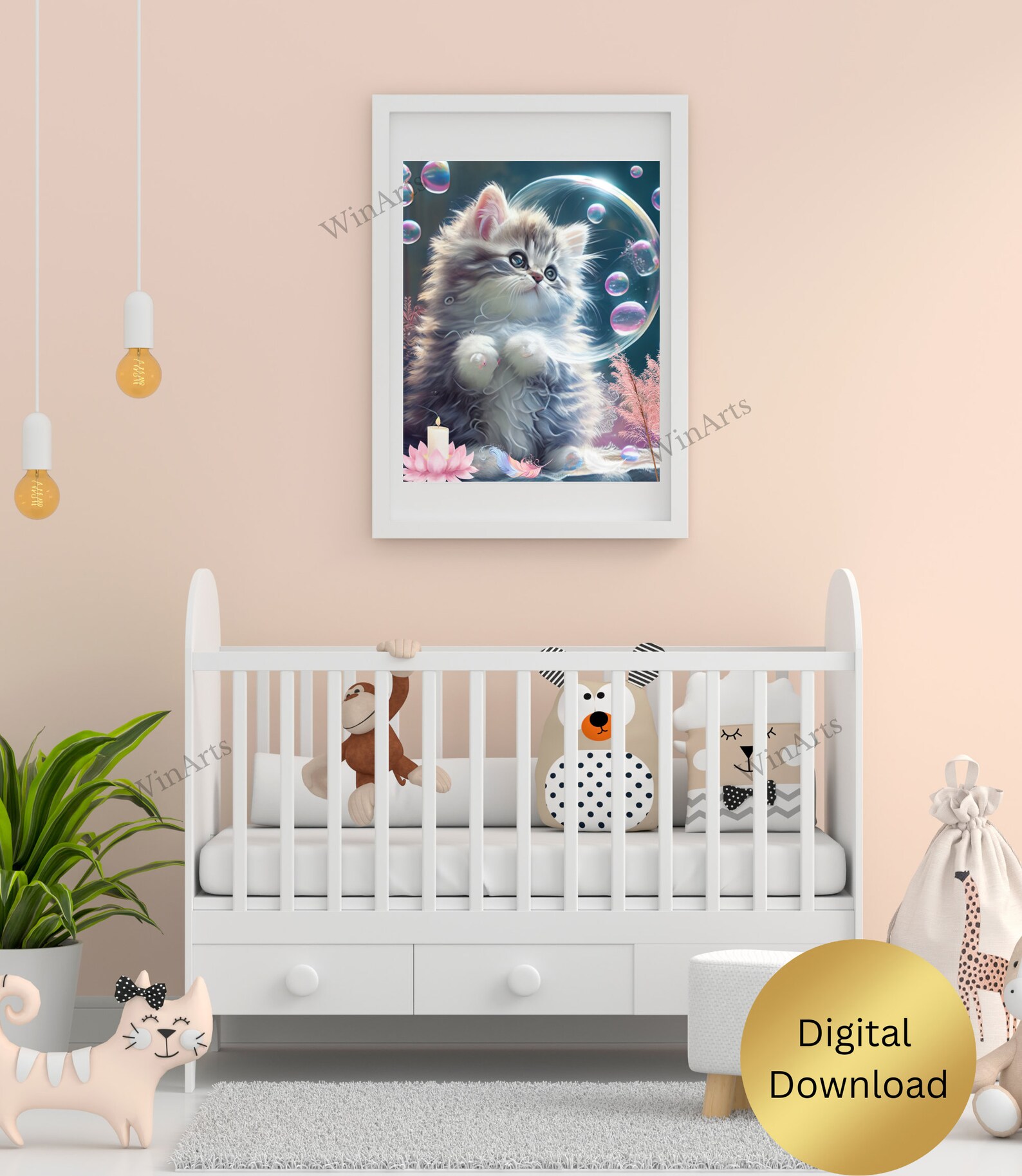 Cat Wall Art Cute Kitten Cat Playing With Bubbles Printable, Nursery ...