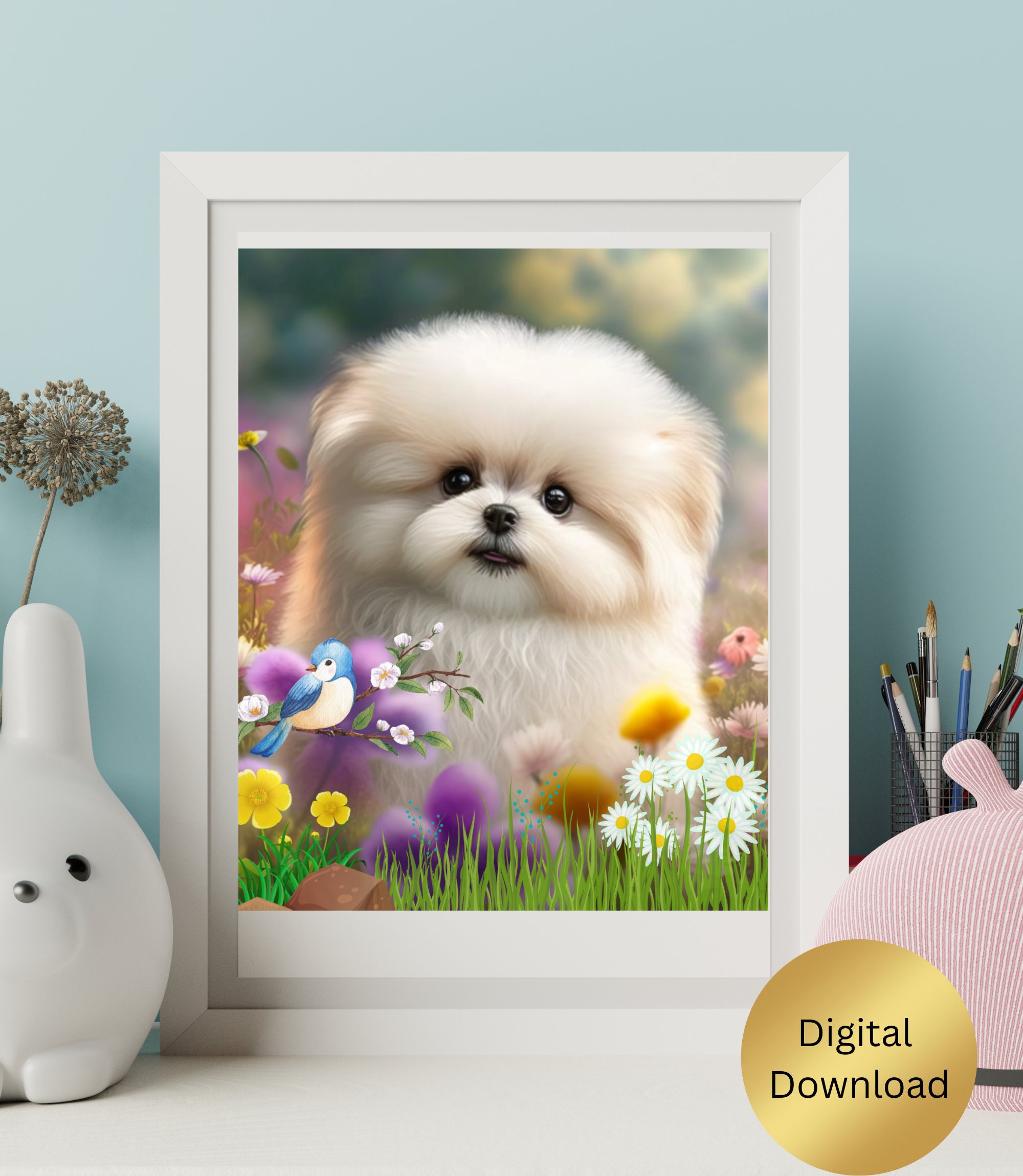 Puppy Dog Wall Art Cute White Puppy Dog in Garden of Flowers Printable ...