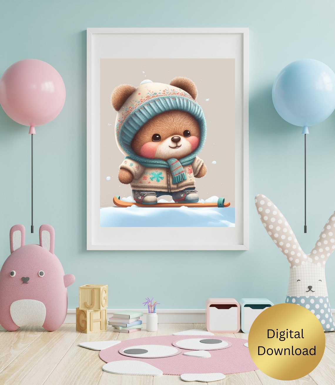 Cute Whimsical Bear Skiing Nursery Art Printable, Digital Download ...