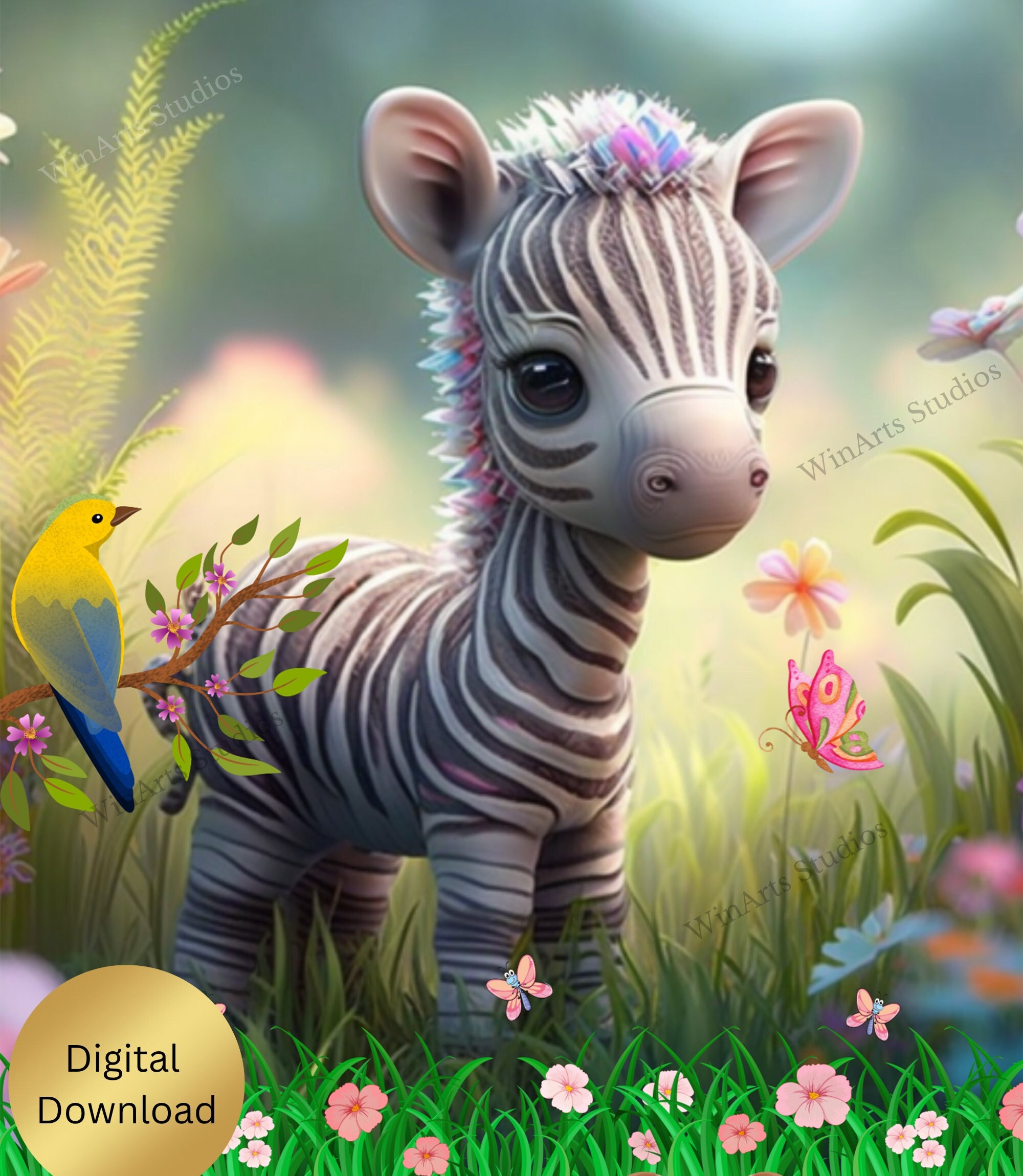 Zebra Wall Art Cute Baby Zebra in Garden Printable, Nursery Digital ...