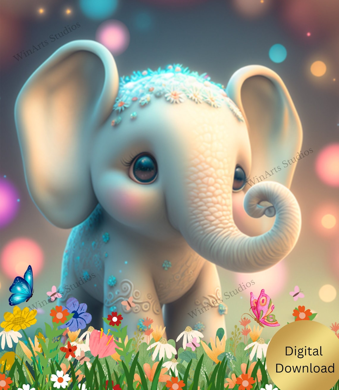 Cute Baby Elephant in Garden of Flowers Art Printable, Digital Instant ...