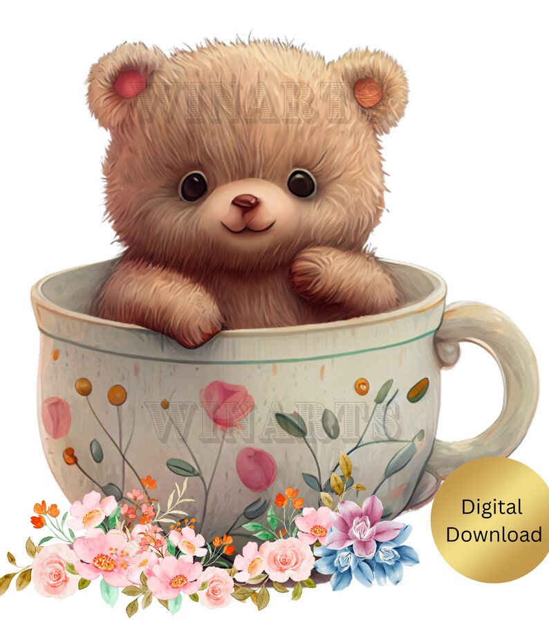 Set of 5 Bear Tea Party Floral Teapot Transparent Background PNG ...