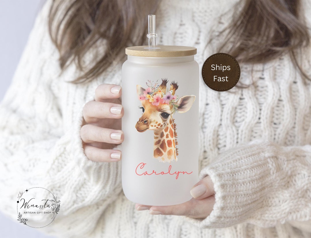 Personalized Cute Giraffe Pink Floral Mug Iced Coffee Frosted Tumbler ...