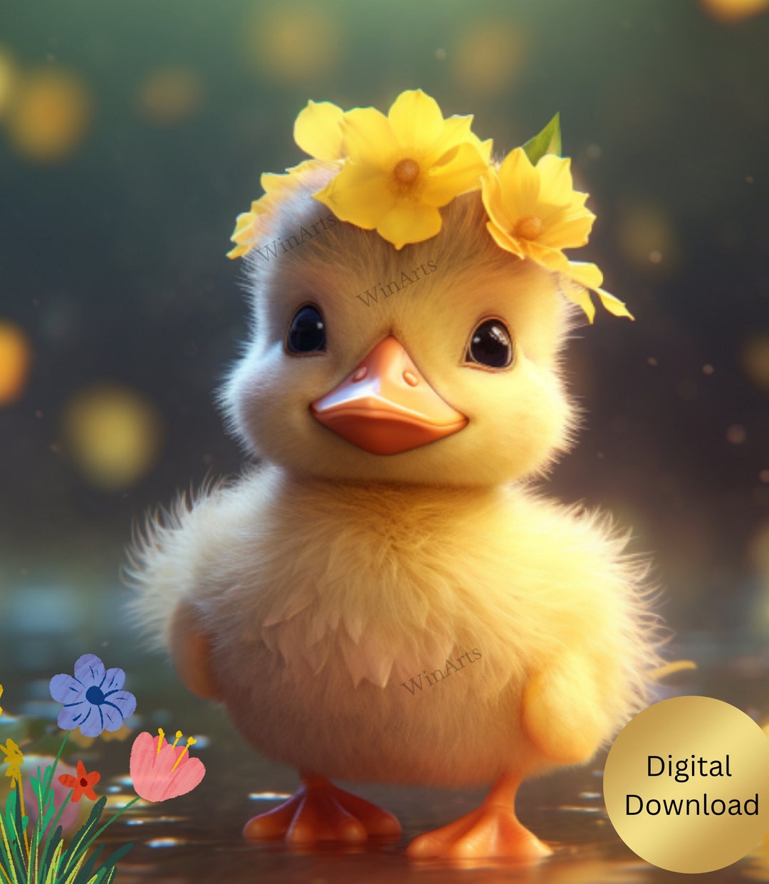 Cute Yellow Duck With Floral Headband Printable, Nursery Digital ...