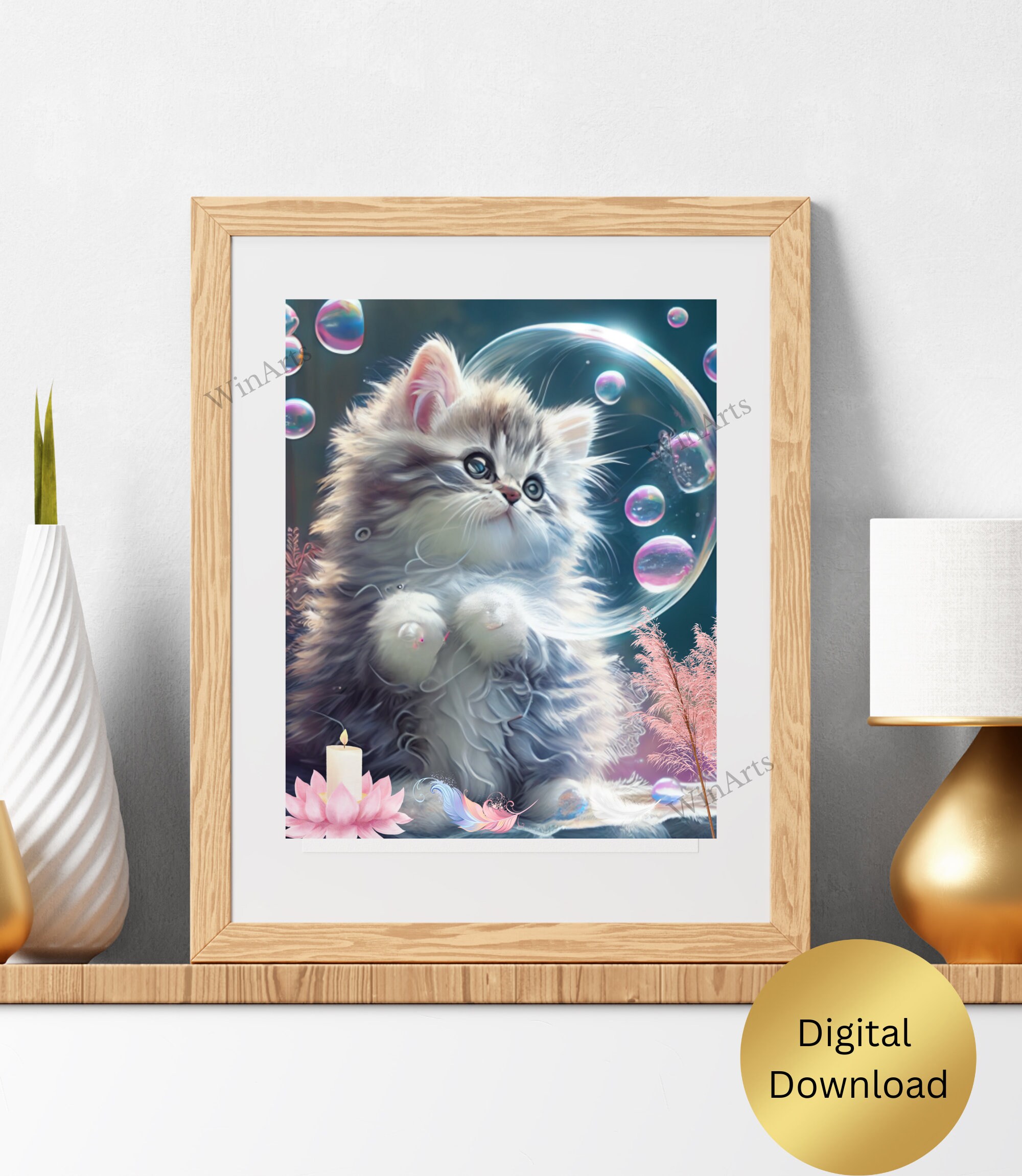Cat Wall Art Cute Kitten Cat Playing With Bubbles Printable, Nursery ...