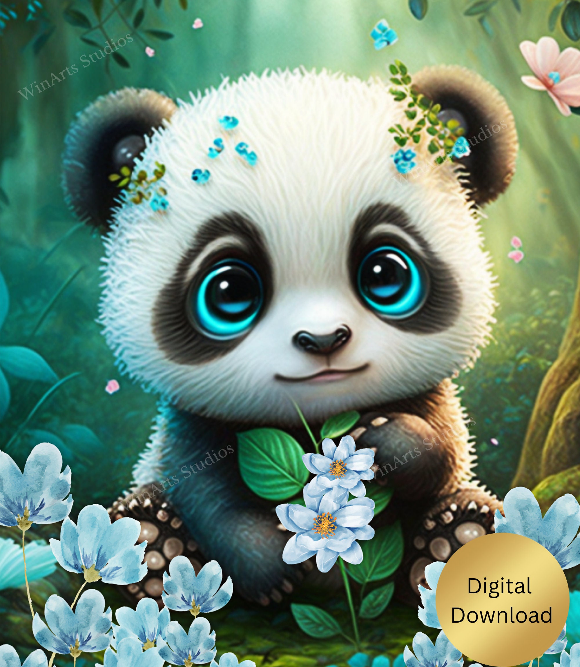 Schattige Panda zittend in tuin Kwekerij Art Printable, Digital Instant ...