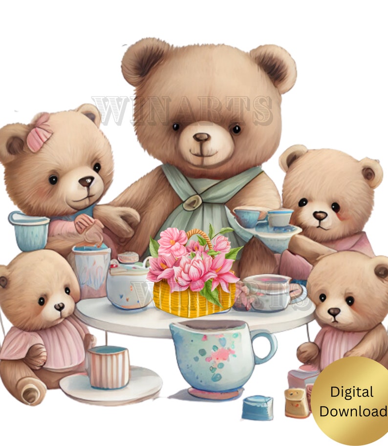 Set of 5 Bear Tea Party Floral Teapot Transparent Background PNG ...