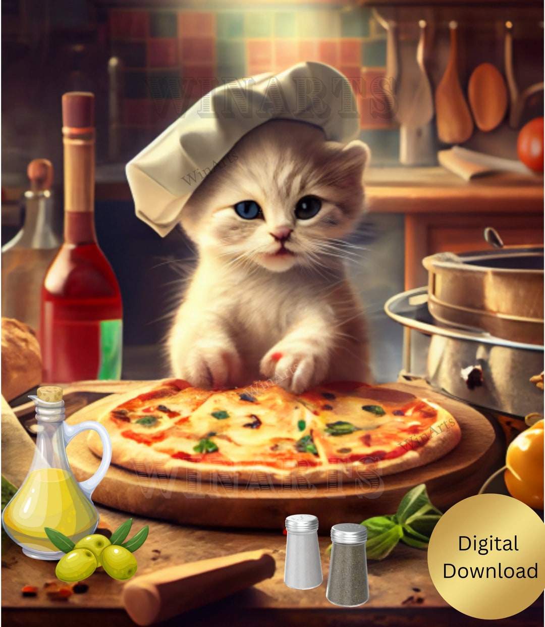 Cute Cat Making Pizza Clipart PNG Printable, Nursery Digital Instant ...