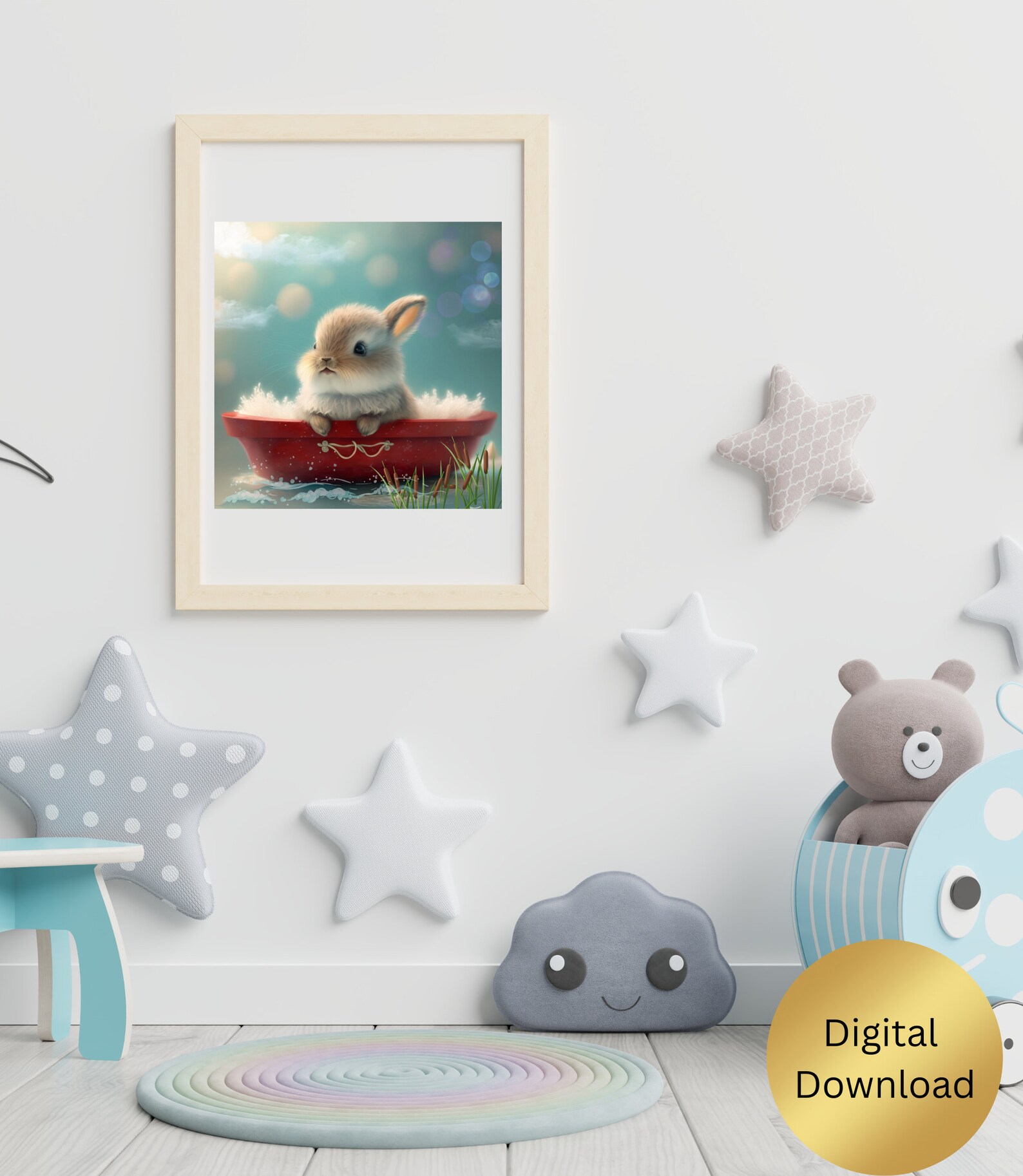 Cute Whimsical Rabbit in a Red Boat Art Printable, Digital Instant ...