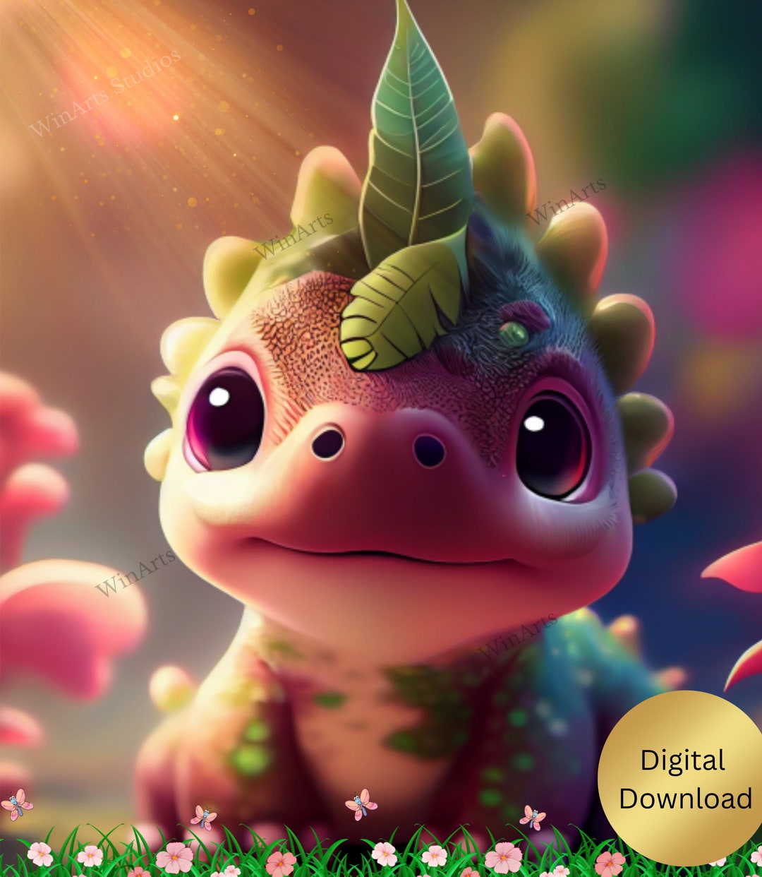 Dinosaur Wall Art Cute Pink Baby Dinosaur Playing in the Jungle ...