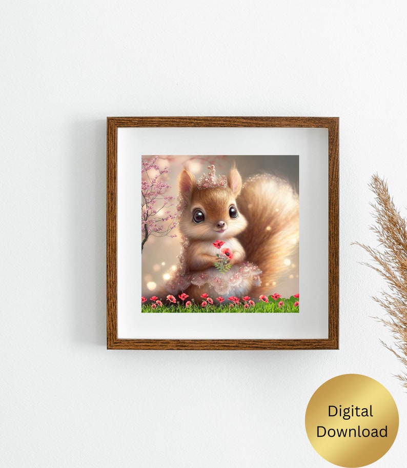 Cute Whimsical Squirrel in Pink and White Dress Art Printable, Digital ...