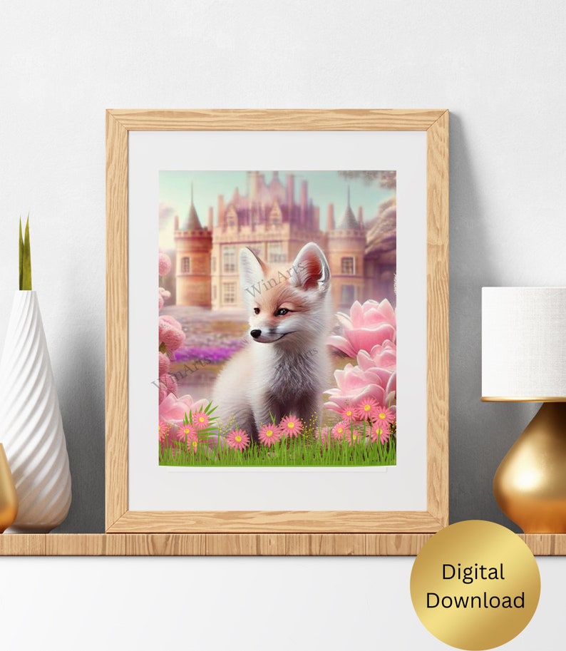 Fox Art Cute Fox in Garden of Pink Flowers Fairytale Castle - Etsy