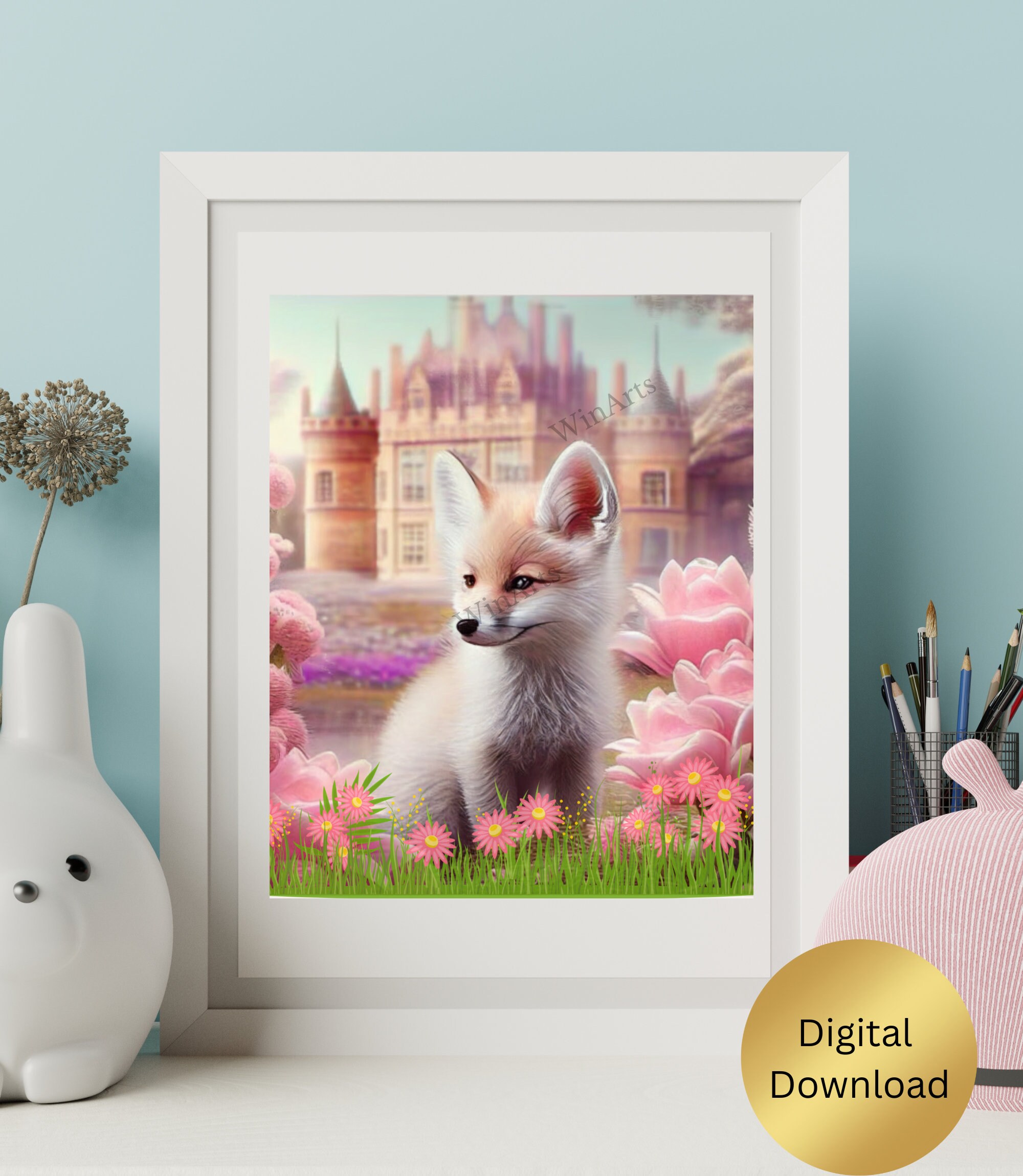 Fox Art Cute Fox in Garden of Pink Flowers Fairytale Castle - Etsy