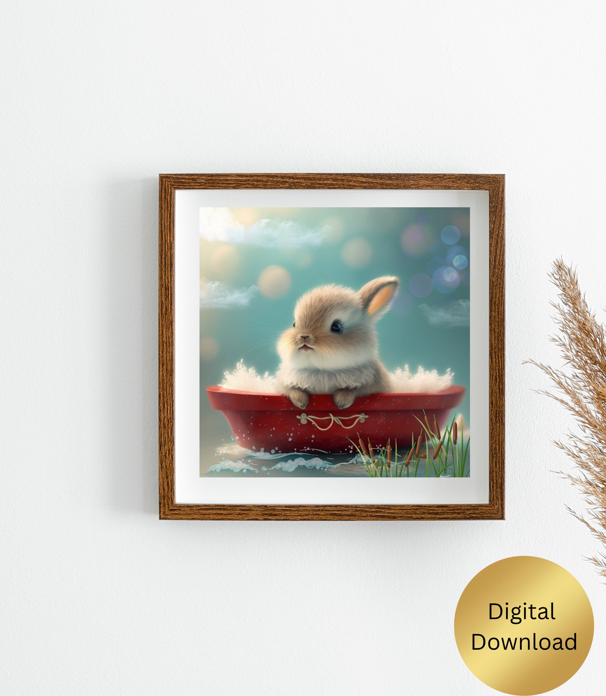 Cute Whimsical Rabbit in a Red Boat Art Printable, Digital Instant ...