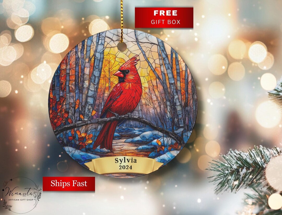 Personalized Stained Glass Cardinal Ornament Stained Glass Look Print ...