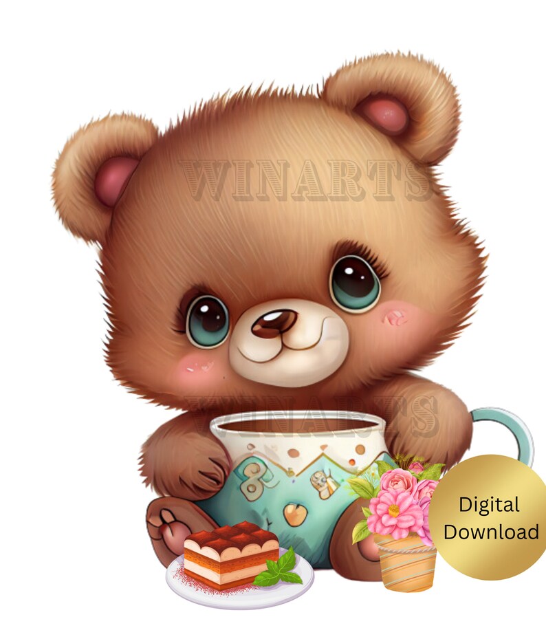 Set of 5 Bear Tea Party Floral Teapot Transparent Background PNG ...